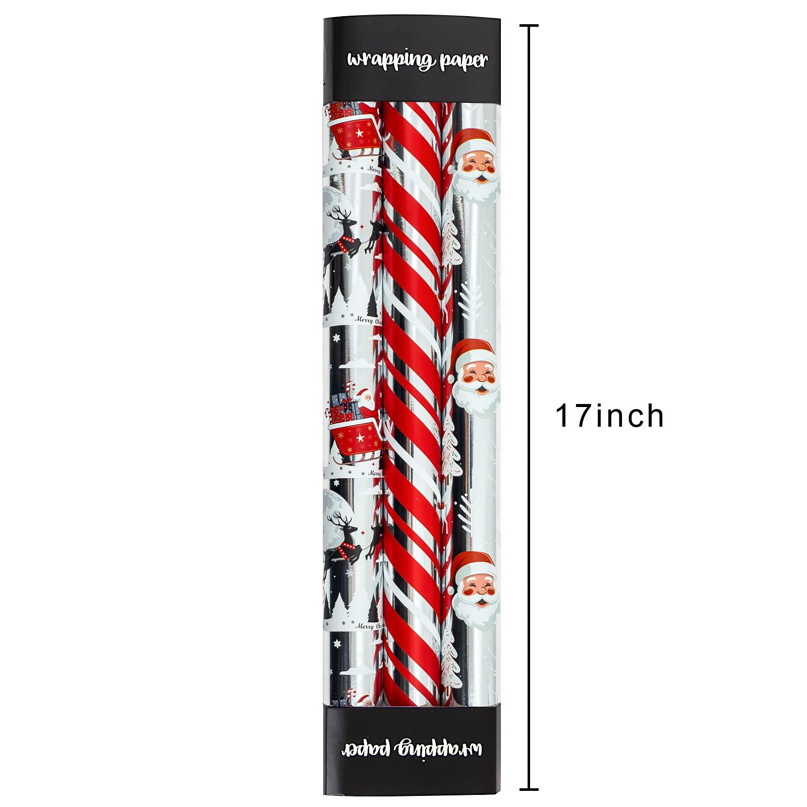 Homeral Reversible Christmas Wrapping Paper Roll - Metallic Shine Santa, Sleigh, Reindeer, Stripe, Plaid, Letterings, Snowflake for Christmas, New Year Celebration - 3 Rolls - 17 x 120 Inch Per Roll