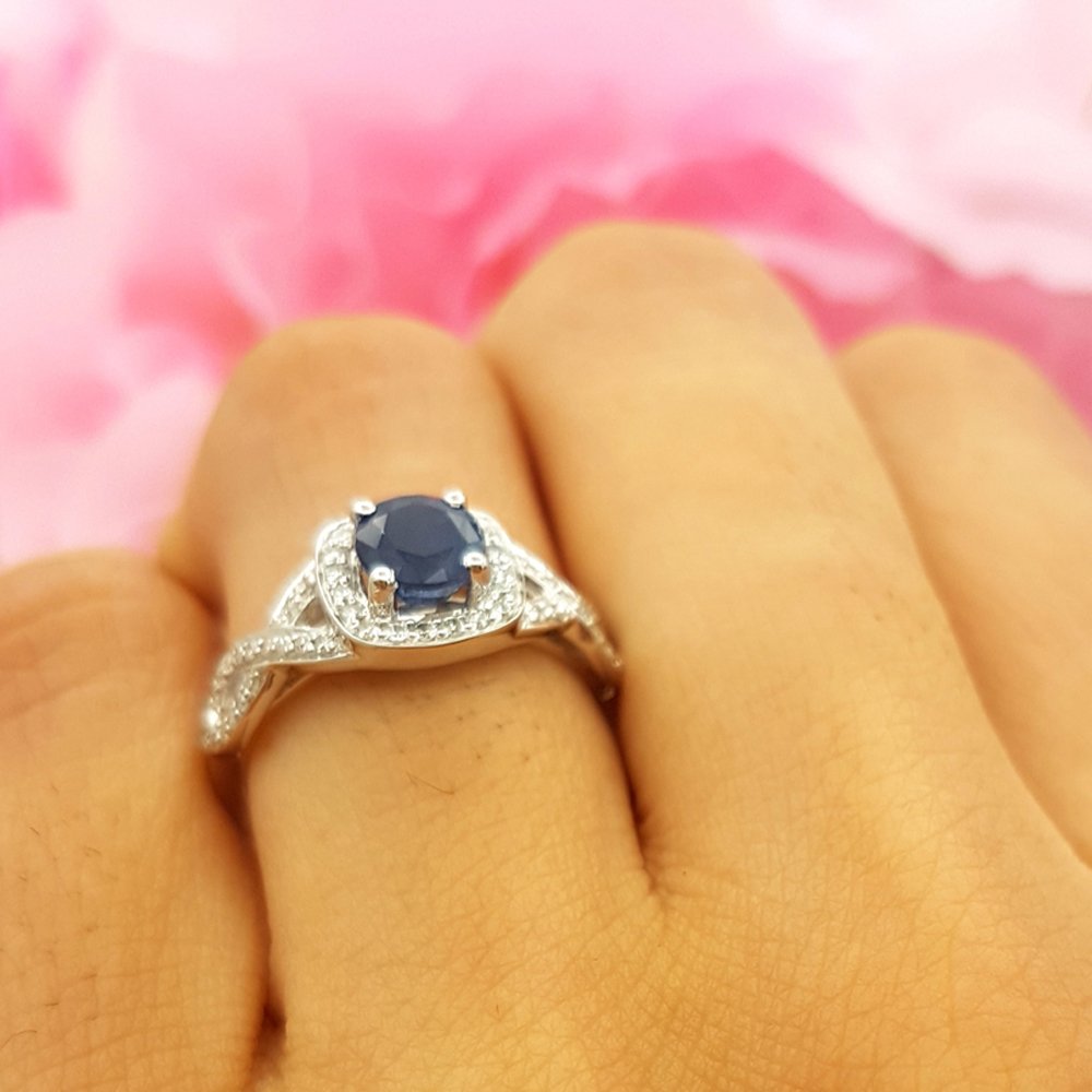 Dazzlingrock Collection 14K Round Blue Sapphire & White Diamond Swirl Split Shank Halo Engagement Ring, White Gold, Size 4.5