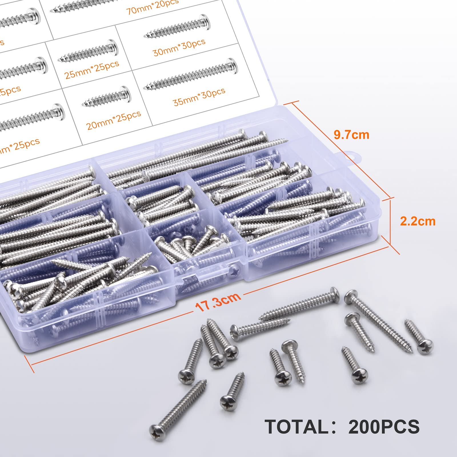 Self Tapping Screws, Preciva 304 Stainless Steel 200 PCS, 8 Sizes Round Head Phillips Drive Self Drilling Screw Assortment Kit for Metal Wood Furniture Electronic Products