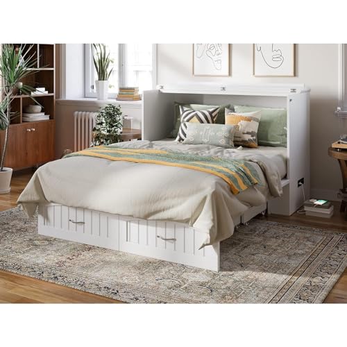 HomeStock Baroque Bonanza Murphy Bed Chest with 6 Inch Memory Foam Folding Mattress, Built-in Charging Station and Storage Drawer, Full, White