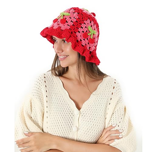 Fiewmay Crochet Bucket Hat for Women Handmade Floral Hat Portable Knitted Elastic Cute Beach Hat for Vacation Traveling(Cherry Red)