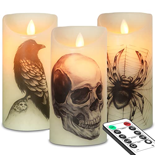 SHYMERY Halloween Decorations Indoor,Halloween Candles with Remote Timer,Skull,Spider Web,Crow Decor Raven Decals,Battery Operated Canldes for Table Witchy Bathroom Kitchen Spooky Home Decoration