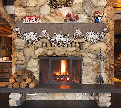 Embroidered Fireplace Mantel Scarf with White Daisy on Brown Linen and Cut Work (19Wx90L)