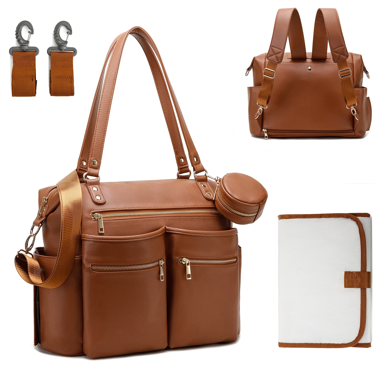 GITIBAB Diaper Bag Tote Leather Diaper Backpack for Parents Baby Registry Search Tote Bag Large Baby Diaper Bag with Changing Mat & Stroller Straps & Pacifier Case