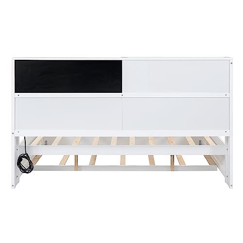 Harper & Bright Designs Full Size Daybed Twin Size Trundle,USB Ports and Storage Shelves,Wood Full Size Bed Frame Blackboard,Cork board and Bookshelf,Full Sofa Bed Living Room Bedrooms,White