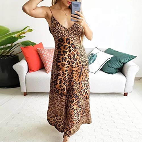 Deep V Neck Sling Dress Leopard Print Butterfly Pattern Maxi Dress Spaghetti Straps Sleeveless Dress Khaki