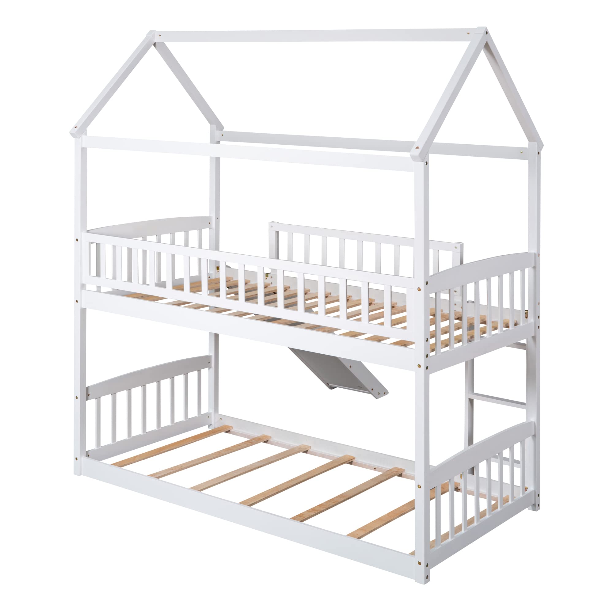 LostCat Twin Over Twin Bunk Bed with Slide, House Shaped Solid Pine Wood Bed Frame w/Safety Guardrail & Ladder, No Box Spring Needed, Save Space Design, for Kids, Teens, Girls, Boys, White