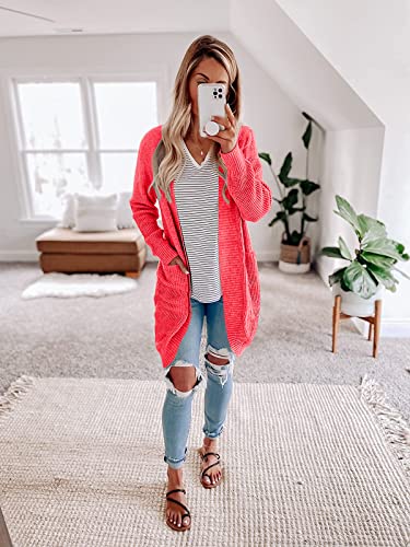 ZESICA Women's 2023 Fall Long Sleeve Open Front Cardigans Casual Lightweight Soft Chunky Knit Draped Sweaters Outerwears,Watermelon,Medium