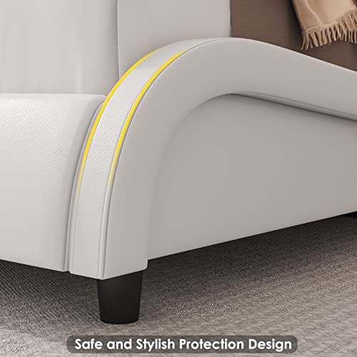 Keyluv Modern Upholstered Bed Frame with Adjustable LED Headboard, Pu Leather Platform Bed with Wave-Like Curve Design and Solid Wooden Slats Support, No Box Spring Needed, Noise Free, King, White