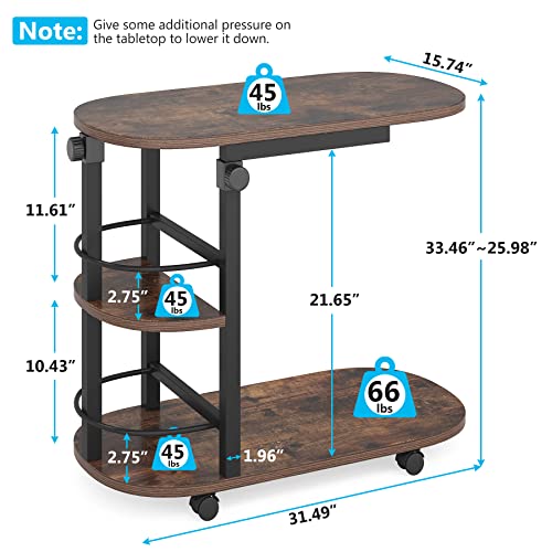 LITTLE TREE Side Height Adjustable C Table with Wheels, Black Rustic Brown