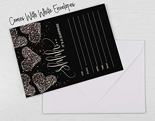 Inkdotpot Pack of 30 Surprise Party Birthday Invitations with Envelopes, Black Retirement Party, Bridal Shower, Baby Shower Fill in Style Invites