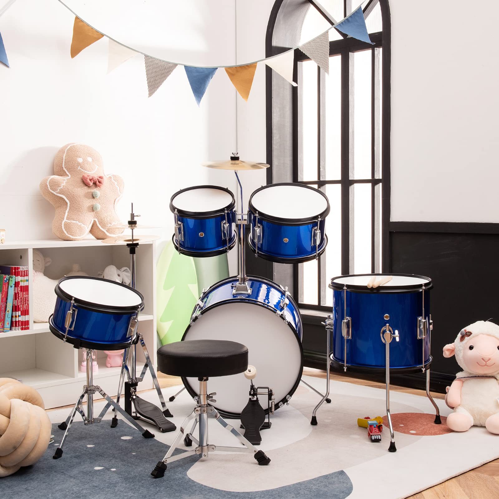 Costzon 16β Kids Drum Set, 5-Piece Full Size Complete Junior Drum Set with Adjustable Throne, Cymbal, Hi-Hat, Pedal & Drumsticks, Beginner Drum Kit with Bass Snare Tom Drum, Age 3-12, Blue