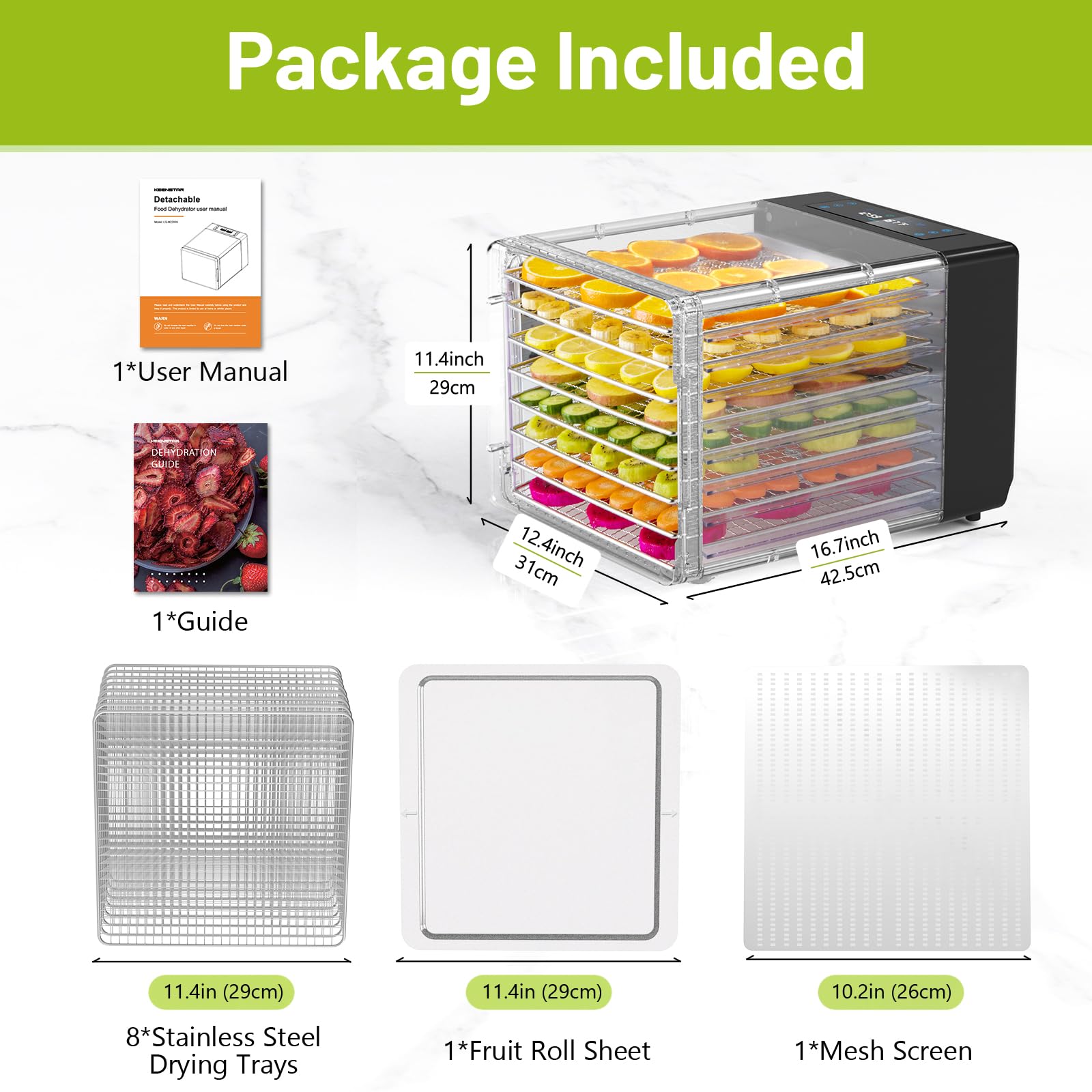Food Dehydrator Machine Detachable, 8 Stainless Steel Trays, 600W Dryer for Jerky, Herb, Meat, Veggies, Fruit, Dog Treats, LED Display, 48H Timer & 86℉-167℉ Temperature Control, Recipe Book Included