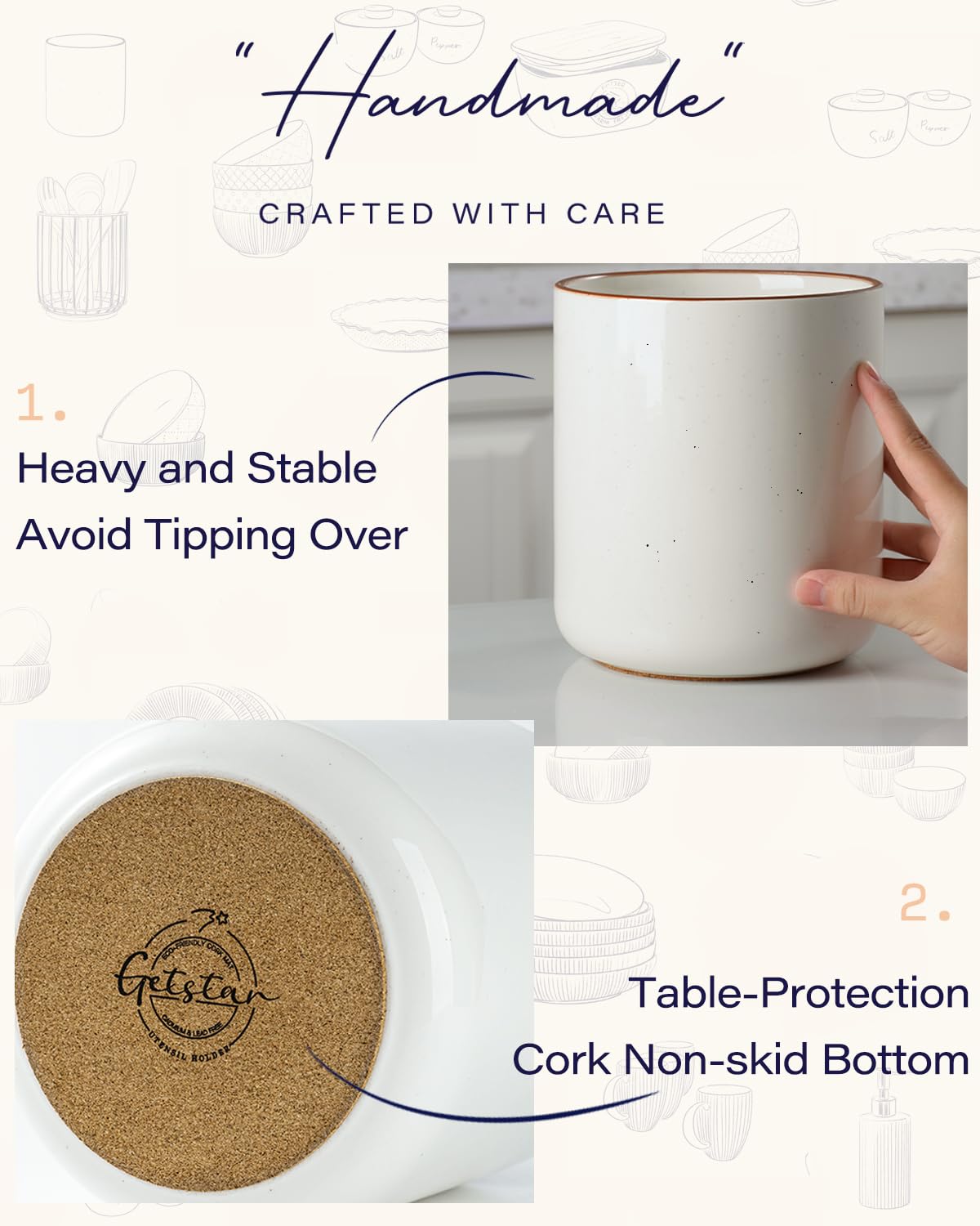 getstar Kitchen Utensil Holder, Large Ceramic Cooking Utensil Holder (H7.2” x W6.2”) for Kitchen Counter with Cork Mat at Bottom, Farmhouse Kitchen Decor