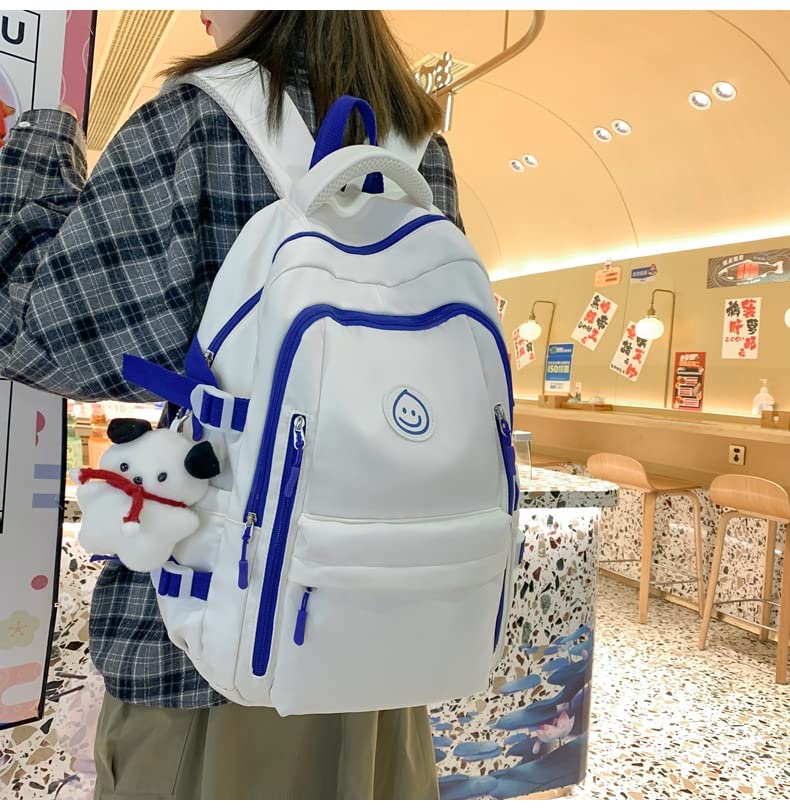 KFTHKOR Kawaii Backpack,Girl Backpack With,Junior Backpack,Middle School Student Schoolbag (White Blue)