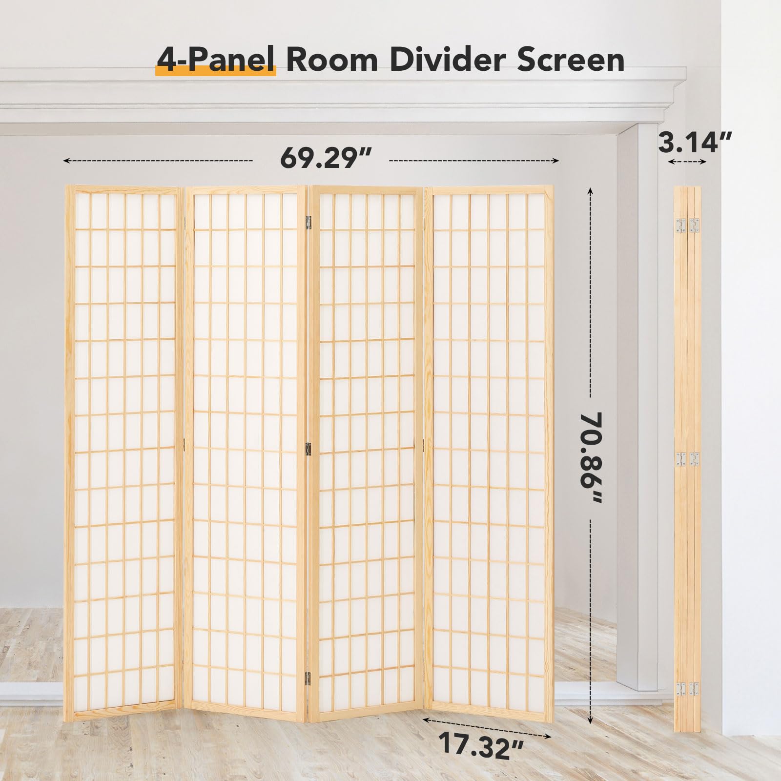 JOSTYLE Room Divider Wall Shoji Screen, 6 Panel Folding Privacy Screen for Room Separation, Japanese Wood Room Divider Screen, 5.9 Ft, Natural