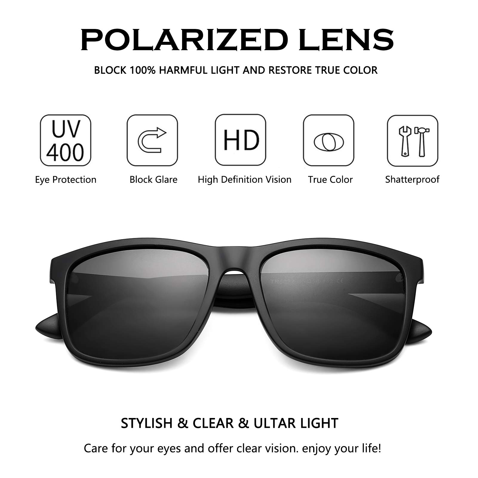 DeBuff Unisex Polarized Sunglasses Classic Retro Sun Glasses, Unbreakable TR90 Frame