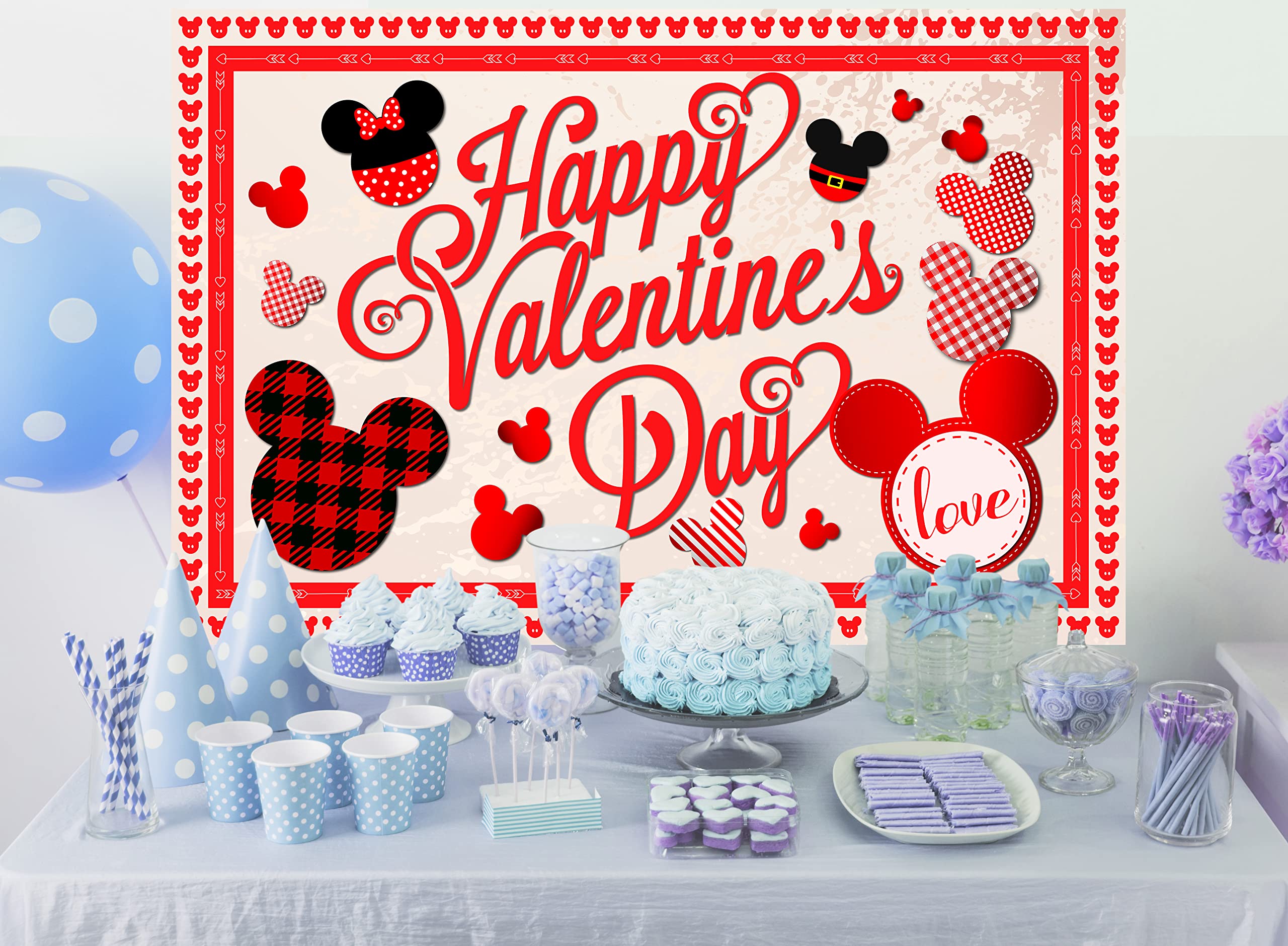 Happy Valentine's Day Backdrop, Cartoon Mouse Theme Valentines Backdrops for Photography Red Mouse Pattern Romantic Love Banner Background for Valentines Wedding Propose Marriage Decor