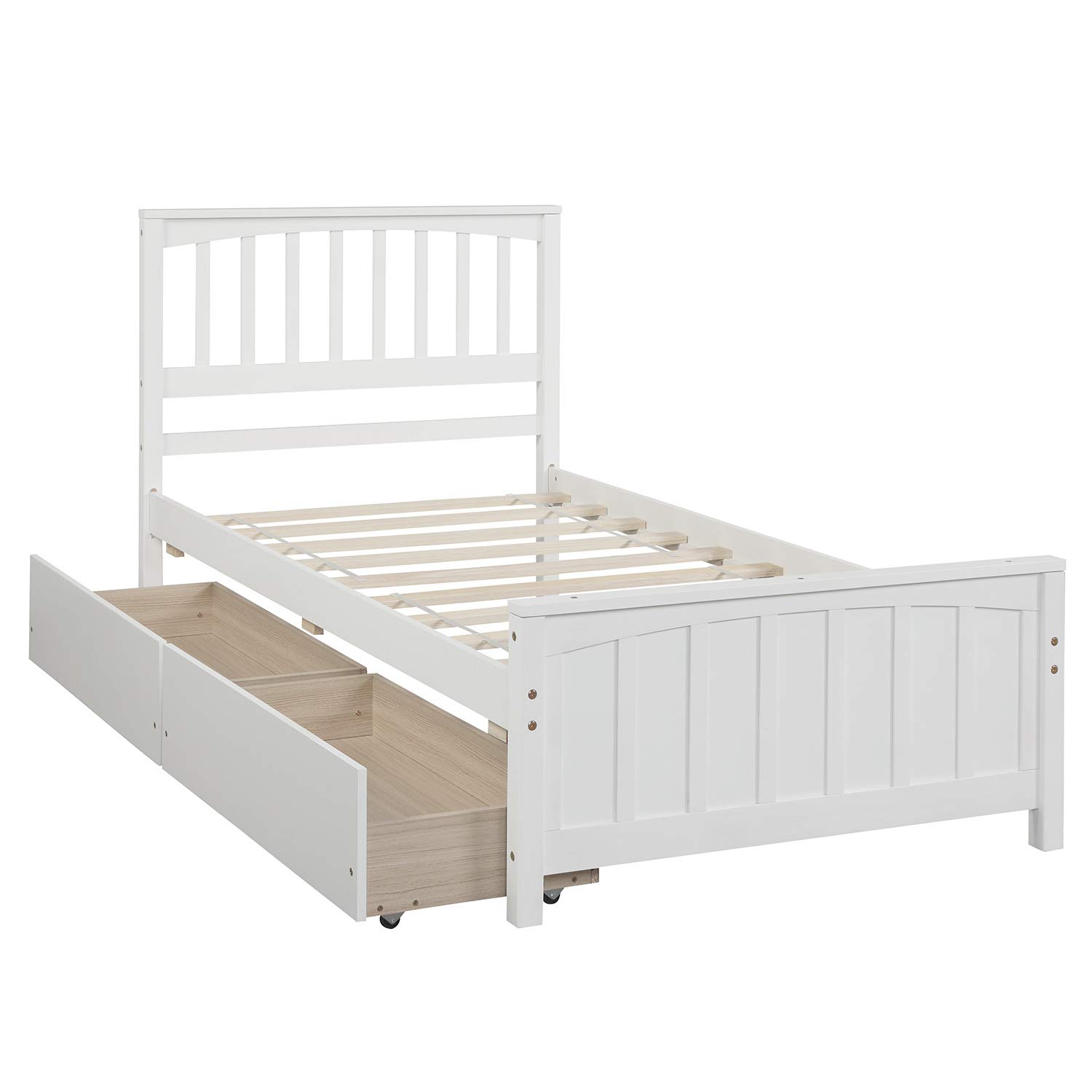 Harper & Bright Designs Twin Bed Frame with Storage, Solid Wood Platform Bed Frame with 2 Drawers, Headboard for Kids, Teen, Adults, No Box Spring Needed, White