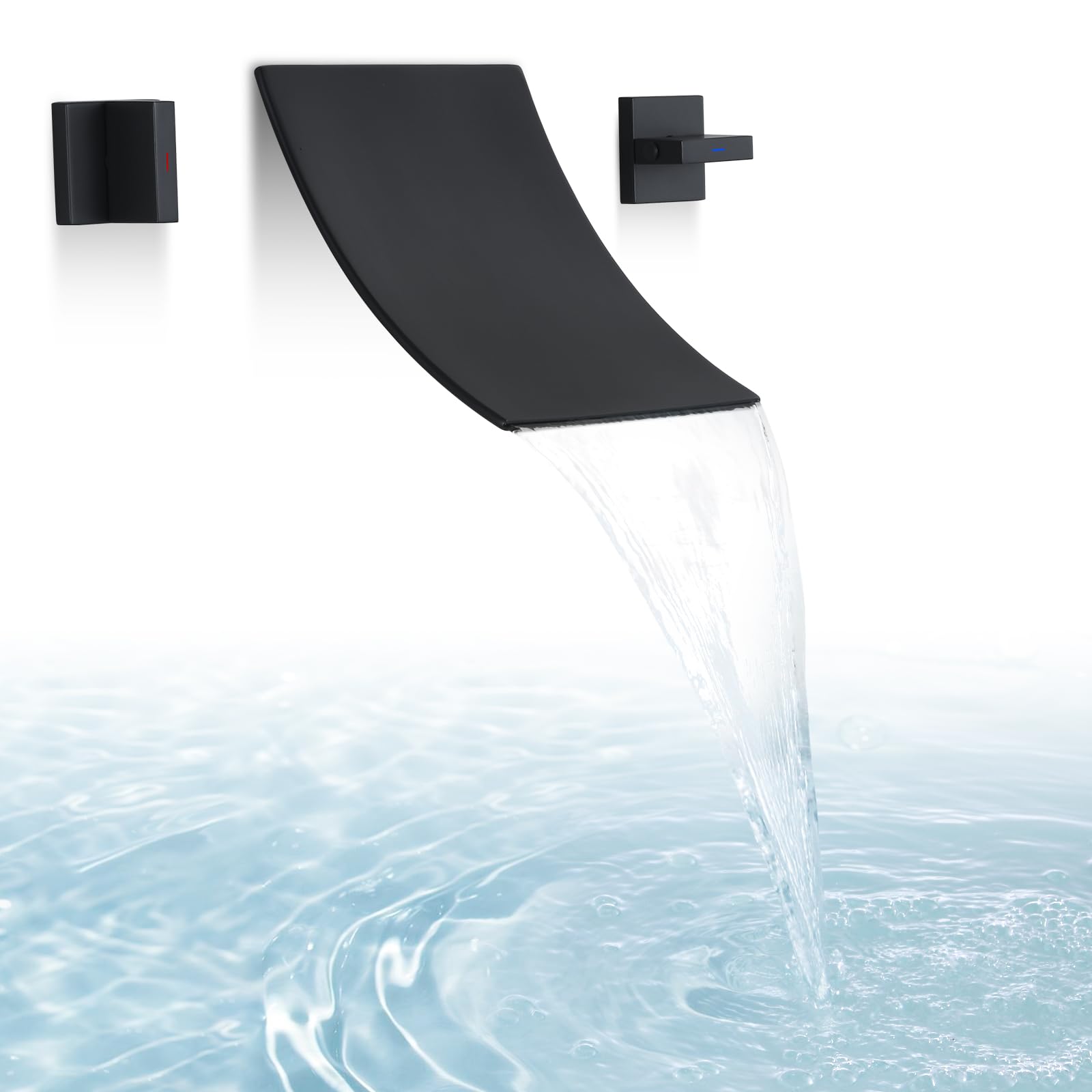 Qinkell Wall Mount Tub Faucet Matte Black Waterfall Tub Fill Roman Bathtub Faucet High Flow Brass Bathroom Bathtub Faucets with Rough-in Valve and 2 Handles