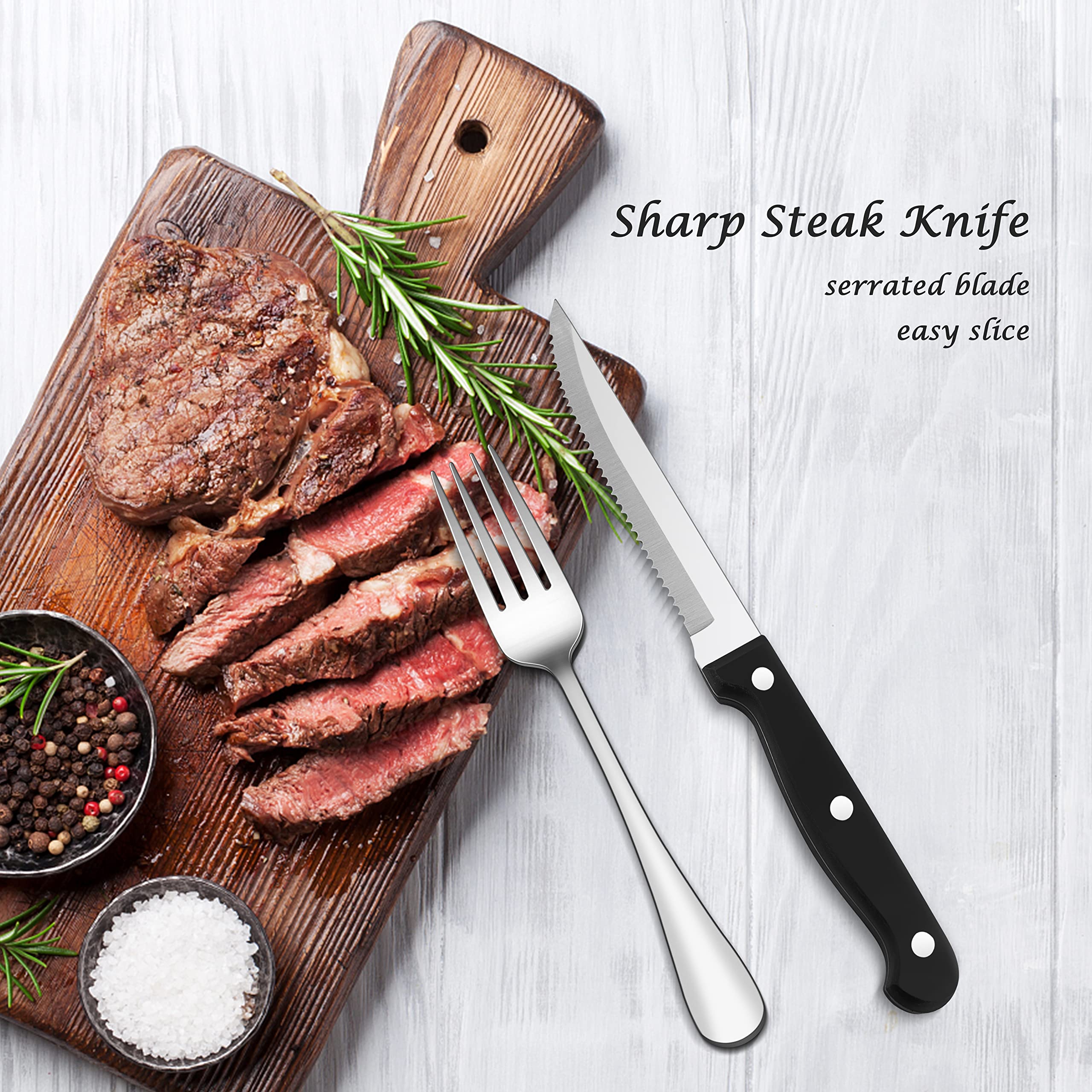 E-far 24-Piece Silverware Set with Steak Knives, Stainless Steel Flatware Cutlery Set Eating Utensils for 4, Spoons Forks Knives for Home Kitchen, Simple Design & Mirror Finish, Dishwasher Safe