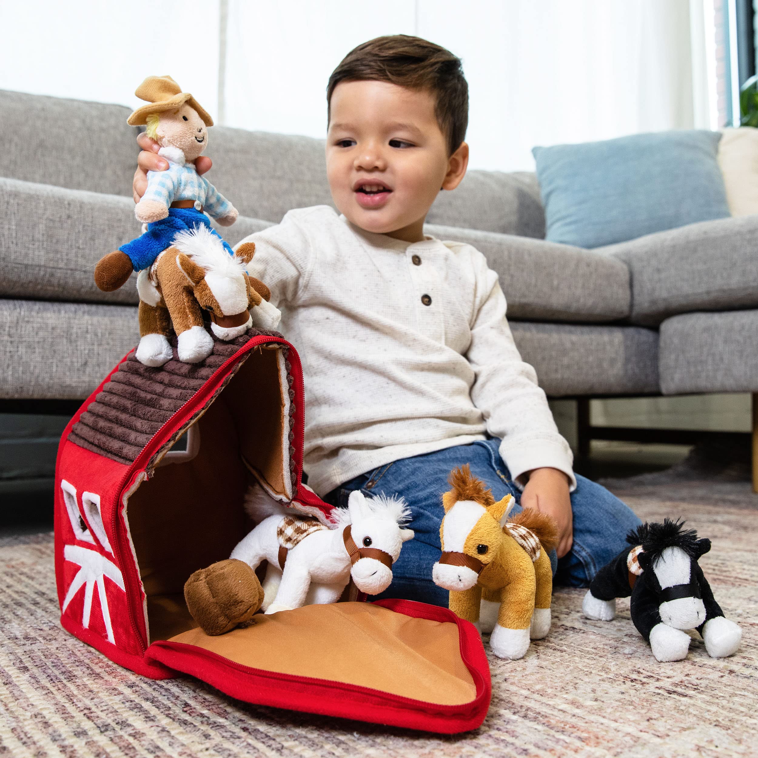 PREXTEX Plush Farm House with Soft and Cuddly 5" Plush Horses, Farm Boy, and Farm House Barn House Carry Along Case