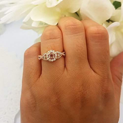 Dazzlingrock Collection Morganite,Champagne & White Diamond 3 Stone Swirl Halo Engagement Ring in 10K Rose Gold, Size 6