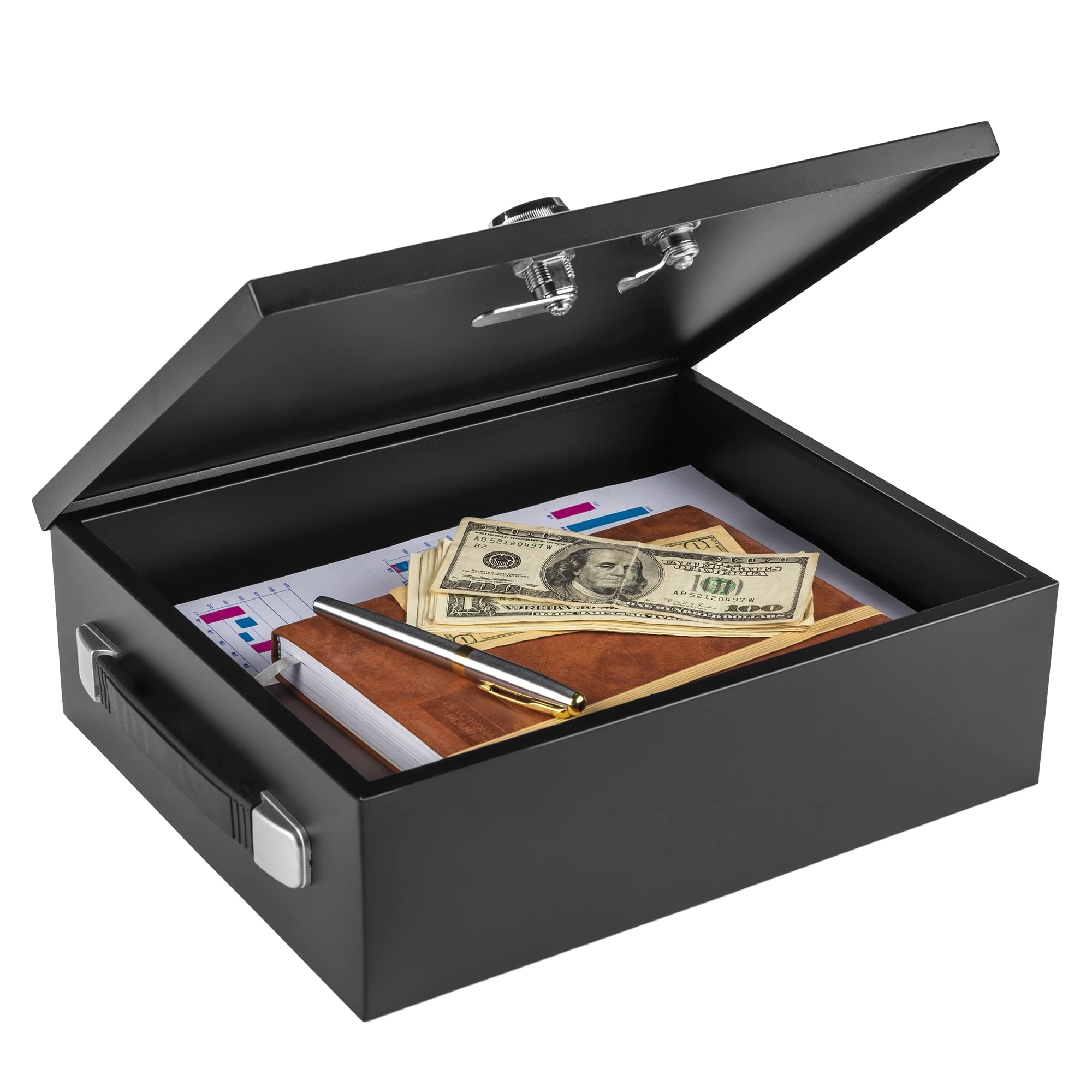Fire Retardant Strong Box, Dual Combination and Key Lock Security Chest, Fire Resistant Steel Lock Box to Safeguard Vital Documents, Medicine, Money, 0.24 Cubic Feet, 12" x 10" x 3.5" Interior, Black