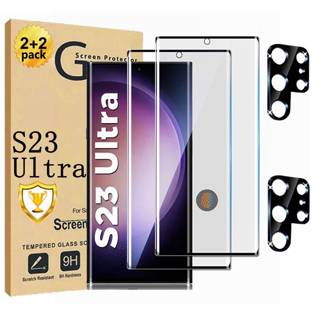 Galaxy S23 Ultra Screen Protector 【2+2 Pack】With 2 Pack Tempered Glass Camera Lens Protector, Compatible Fingerprint, Easy Installation, 3D Glass Full Coverage 9H Hardness Tempered Glass Screen Protector for Samsung Galaxy S23 Ultra 5G