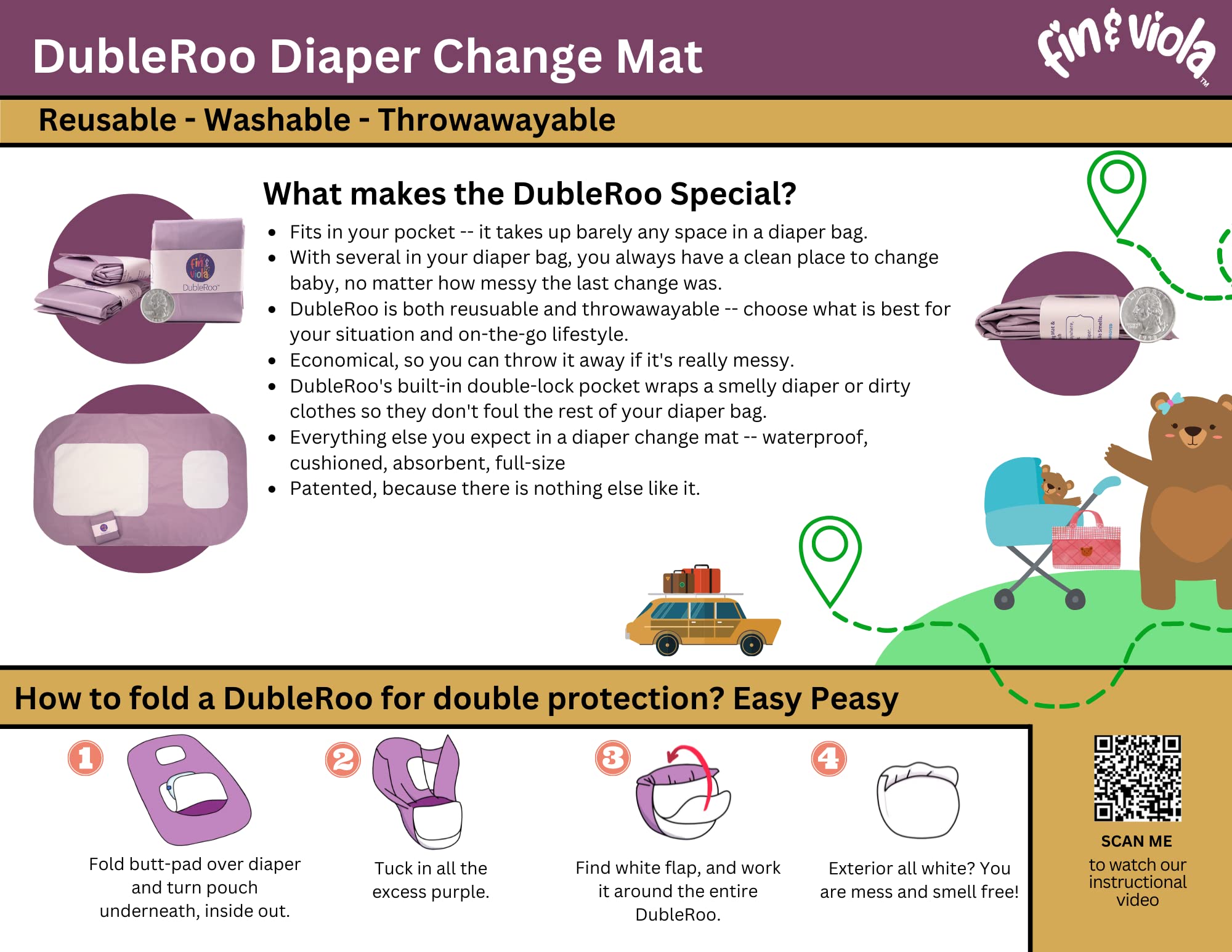 Fin & Viola DubleRoo - 2 in 1 Portable Diaper Changing Pad for Baby - Waterproof Baby Changing Pads for Travel and Changing Table Pads - 16 x 26 (12-Count)