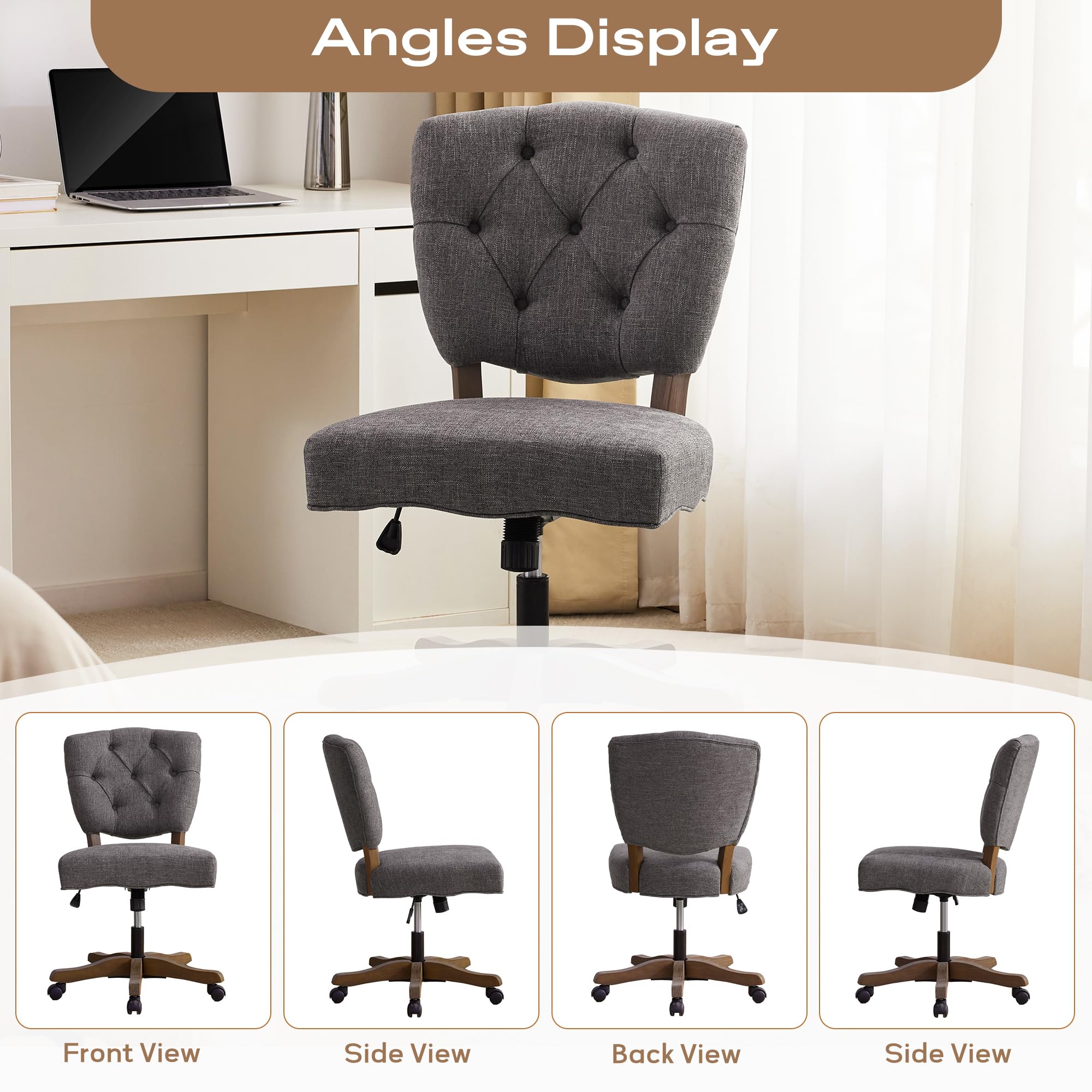 HUIMO Upholstered Swivel Desk Chair Chenille Tufted Fabric Home Office Chair with Wheels Adjustable Height Classic Task Chair with Wooden Legs Comfortable Armless Chair for Studio Study (Grey)