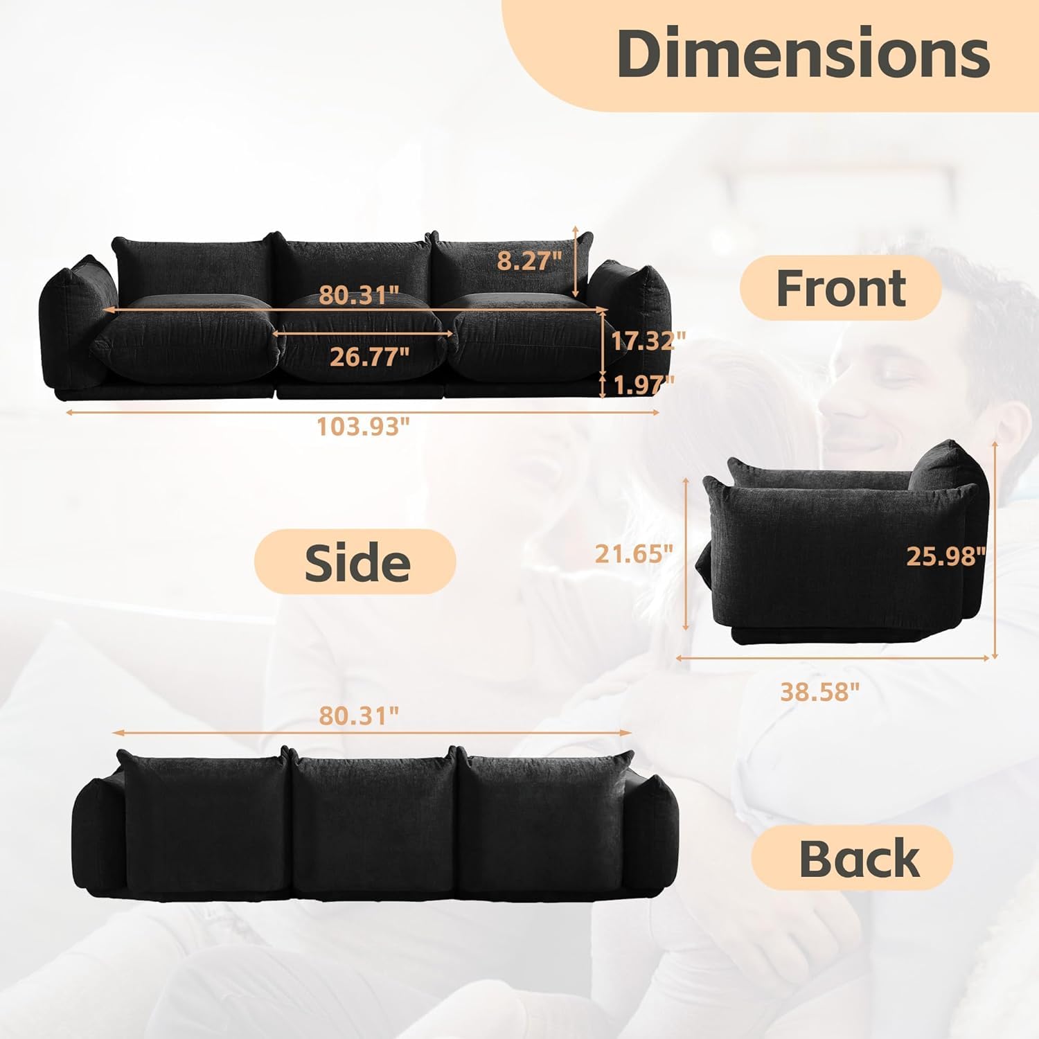 JACH Mid-Century Modern Sectional Couch, Chenille Modular Sofa for Living Room, Deep 3-Seats Minimalist Couches with Thick Cushion, 103" Comfy Sofas Furniture, Black