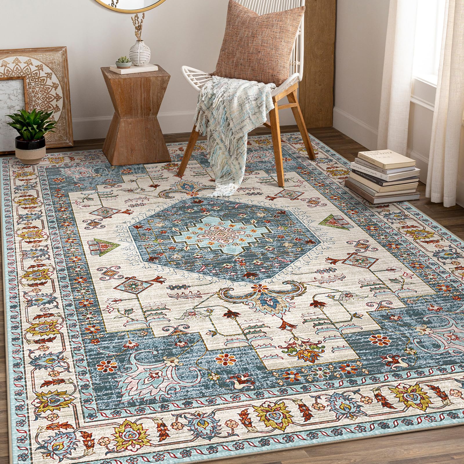 HappyTrends 5x7 Boho Area Rug Large Non Slip Washable Area Rugs Bohemian Vintage Carpet Outdoor Rugs for Living Room Bedroom Bathroom Entryway Dorm Kitchen Green