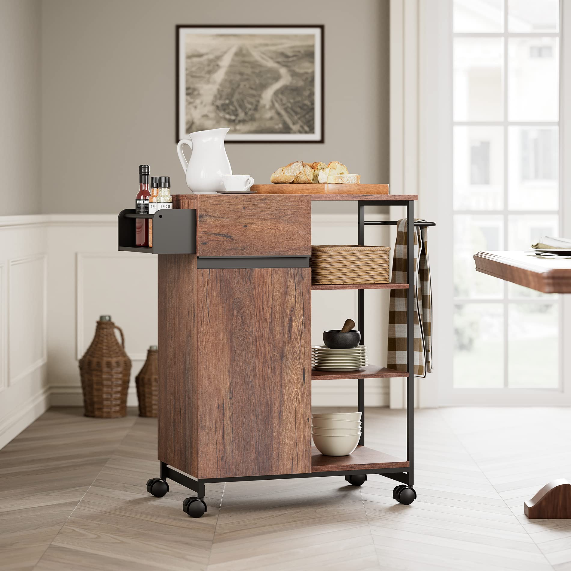 WAMPAT Kitchen Island with Open Shelf,Rolling Cart with Spice and Towel Rack for Small Space