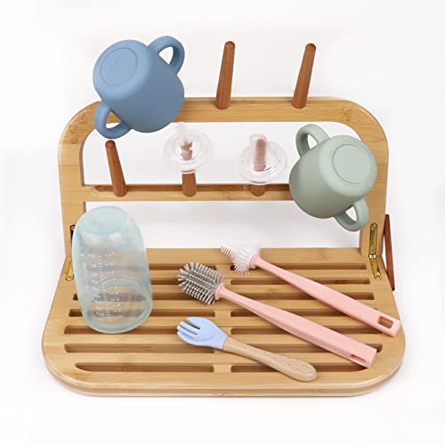 SILICOCO Baby Bottle Drying Rack, Bamboo Dish Drying Rack Foldable Organizer Holder with Locking Buckle, Baby Bottle Holder for Plastic Bags, Cups, Accessories