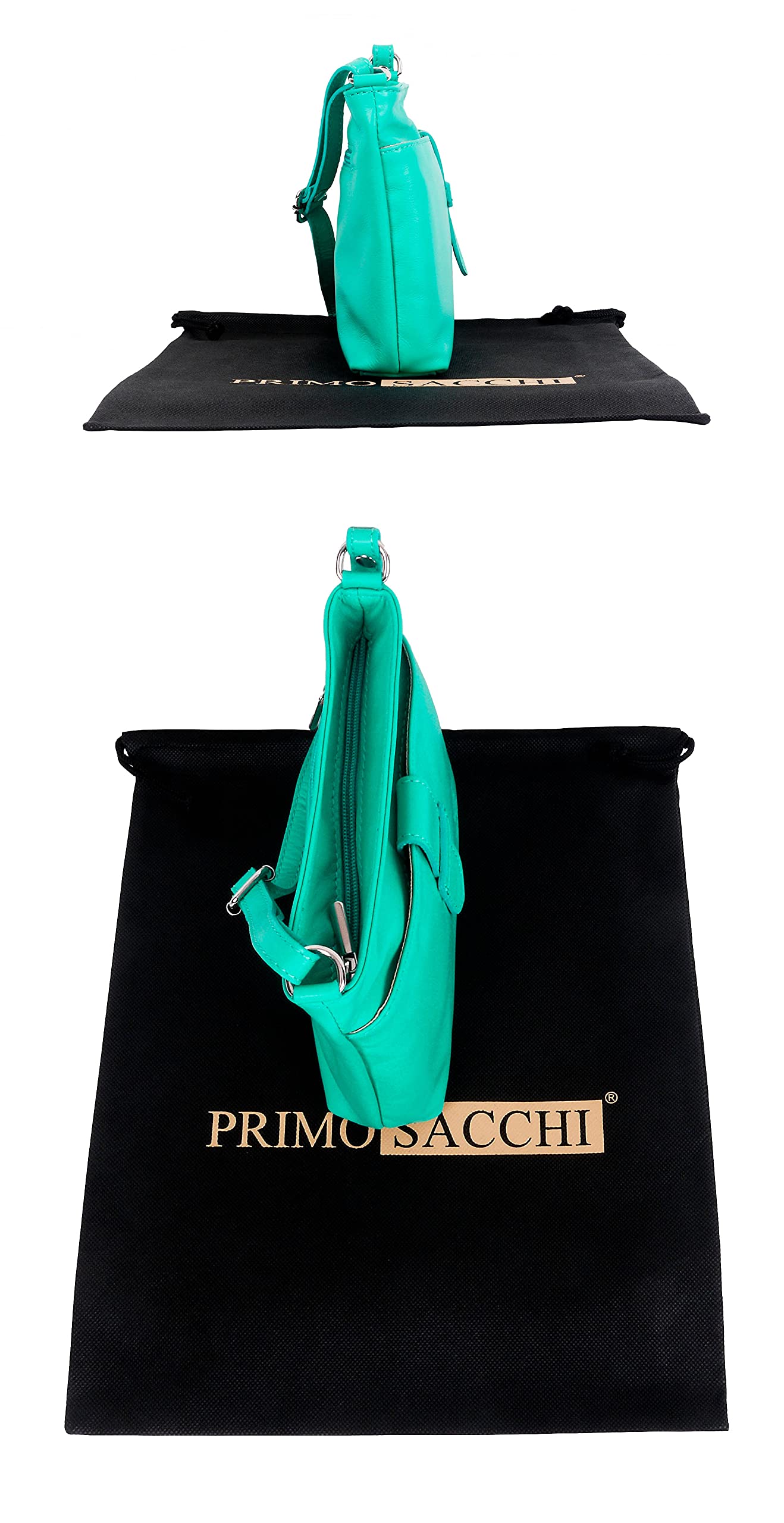 PRIMO SACCHI Italian Soft Leather Small Aqua Blue Adjustable Strap Cross Body Shoulder Bag Purse