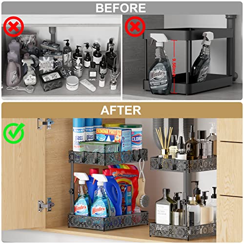 Iirios Under Sink Organizers and Storage, Height Adjustable 2-Tier Bathroom Cabinet Organizer, Metal Bathroom Sink Organizer with 4 Hooks, Multi-use Under Sink Storage for Bathroom Kitchen, 2 Pack