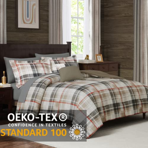 MaiRêve Queen Comforter Set, Plaid Design Comforter Set 8 Pieces, All Season Comfortable Bedding Sets Queen, Lightweight, Warm and Breathable (Khaki, Queen, 90"x90")