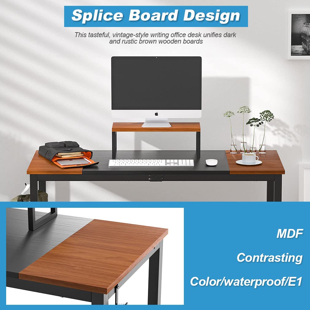 PayLessHere Computer desk with Monitor Riser Writing Large Table Home Office Hook Modern Student Study Desk with Stable Structure, Brown