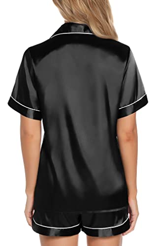 Samring Womens Silk Satin Pajamas Short Sleeve Loungewear Two-Piece Sleepwear Button-Down Pj Set Black L