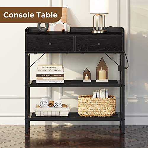 Rolanstar Entryway Table with Drawers,31.5β Entry Hallway Table with Charging Station Metal Storage Shelves,3-Tier Console Sofa Table Entry Stand with LED Lights for Couch, Entrance, Living Room