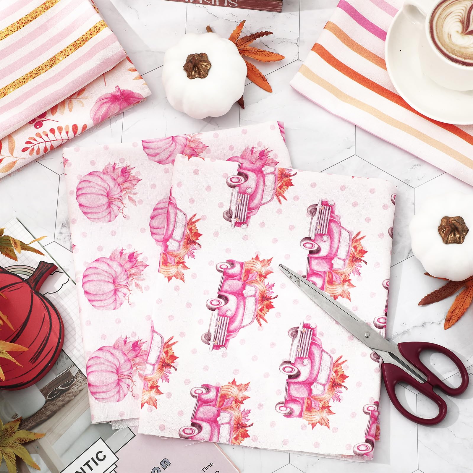 JarThenaAMCS 10Pcs Fall Cotton Fabric Bundles Pink Pumpkin Maple Leaf Truck Fat Quarters Autumn Thanksgiving Quilting Patchwork for DIY Craft Home Party Decor, 18 x 22 Inch
