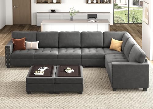 HONBAY Velvet Convertible Sectional Couch, U Shaped Sectional Sofa with Chaise Modular Sectional with Storage Ottoman Corner Couch for Living Room, Grey