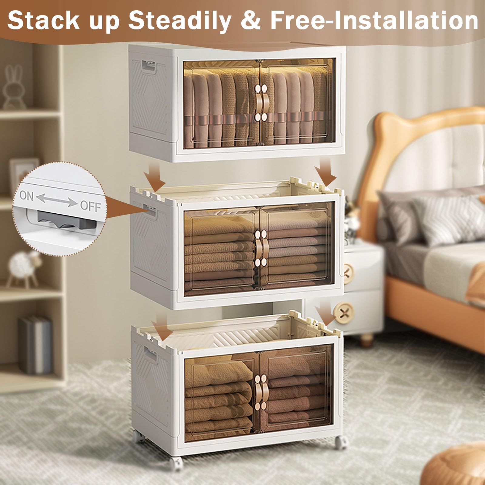Jacriah Plastic Drawer Storage Bins with Lid, Stackable Storage Bins Open Front, Closet Organizers and Storage Cabinet with Doors and Shelves, Collapsible Storage Bins with Wheels (1 Layer-24 Gallon)