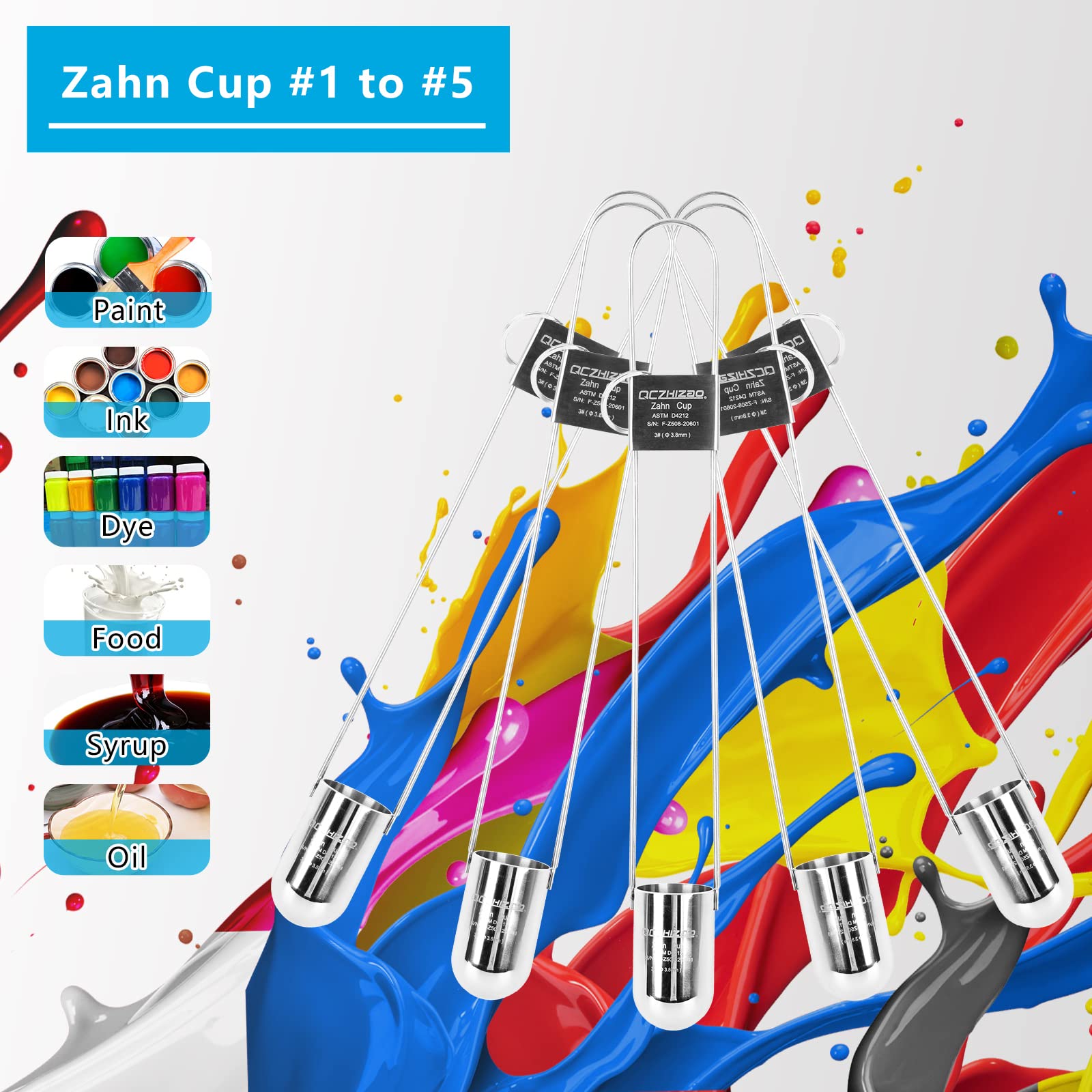 GELTTULU Zahn Cup Immersion Viscosity Cup,#1 to #5 Dip Type 44ml Stainless Steel Viscometer Flow Cup with Storage Rack for Paint, Ink, Dye, Lacquers, Food, Syrup,Oil(5 pcs)