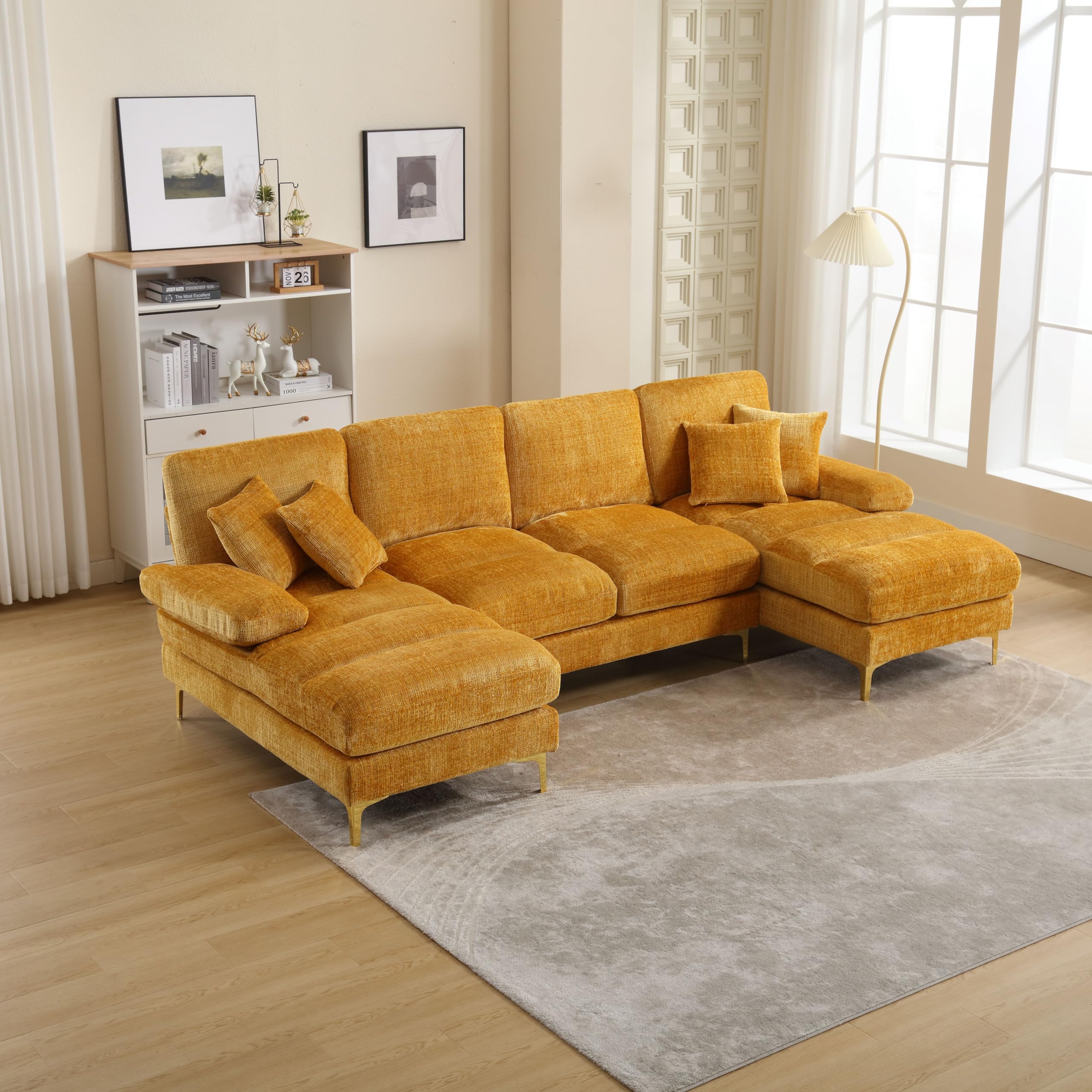 LUCKHAO Modern Large Sectional Sofa with 2 Chaises Lounges, U-Shaped Sectional Couch, Metal Legs, Comfy Deep 4 Seats Upholstered Living Room Furniture(Yellow)
