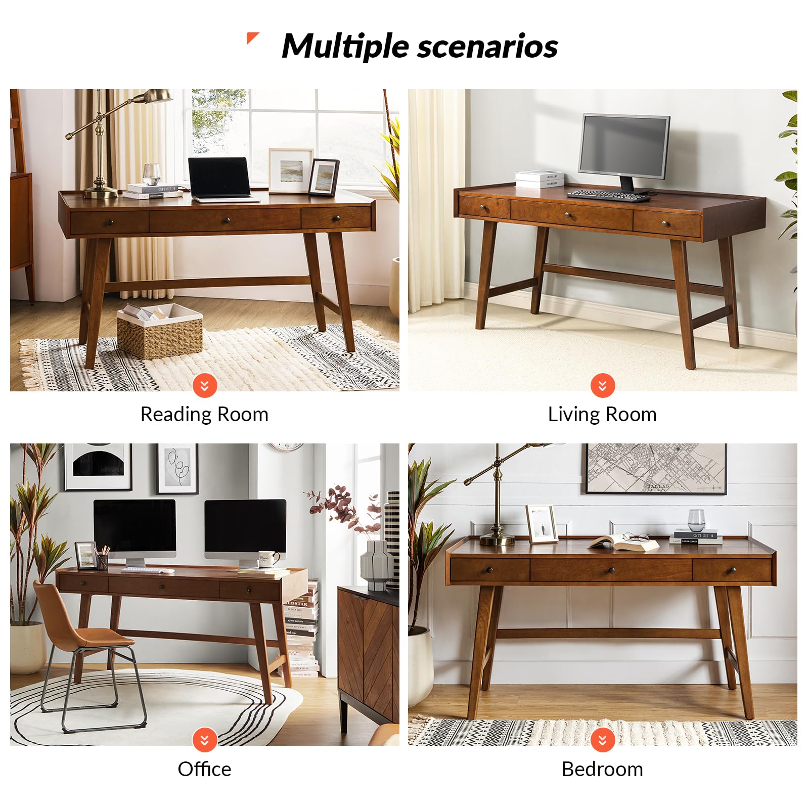 HULALA HOME Home Office Desk with 3 Drawers & Solid Wood Legs, Writing Table with Charging Station & Cable Management, Mid Century Modern Desk for Bedroom/Living Room/Study/Workstation, Walnut