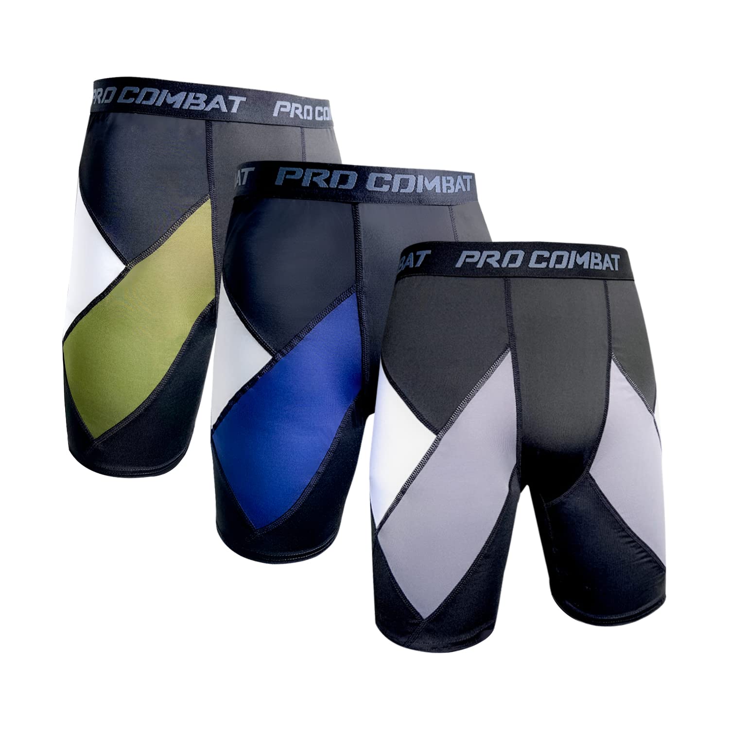 DMNGUP Men's Compression Shorts 3 Pack with Pocket Running Short Men's Gym, Workout, Cycling, Yoga, Climbing, Swimming (Large, Gery,Blue,Green)