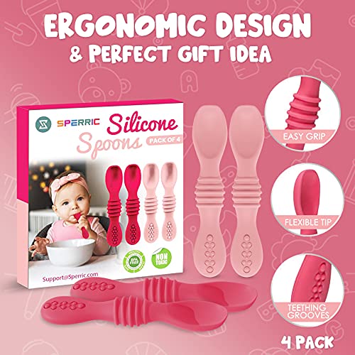Silicone Baby Spoons for Baby Led Weaning 4-Pack, First Stage Baby Feeding Spoon Set Gum Friendly BPA Lead Phthalate and Plastic Free, Great Gift Set (Pink)