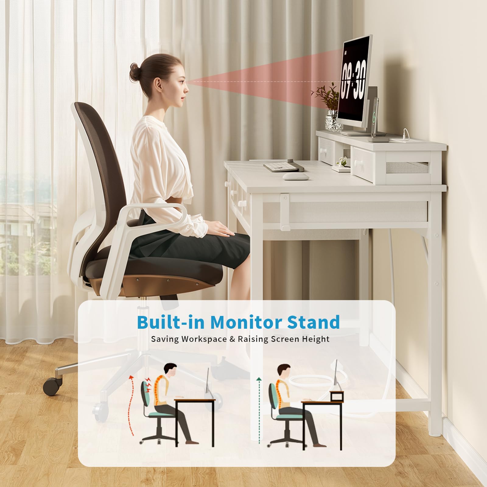 Lufeiya White Computer Desk with Fabric Drawers for Home Office, 40 inch Vanity Makeup Desk with Drawers Storage for Bedroom, Writing Study Table with Power Outlet & Monitor Stand, White